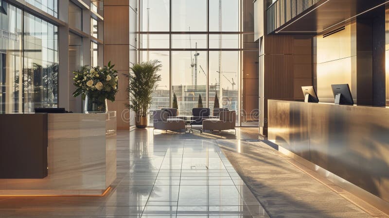 Hotel Reception Area Featuring Glass Atrium and Tropical Plants Stock ...