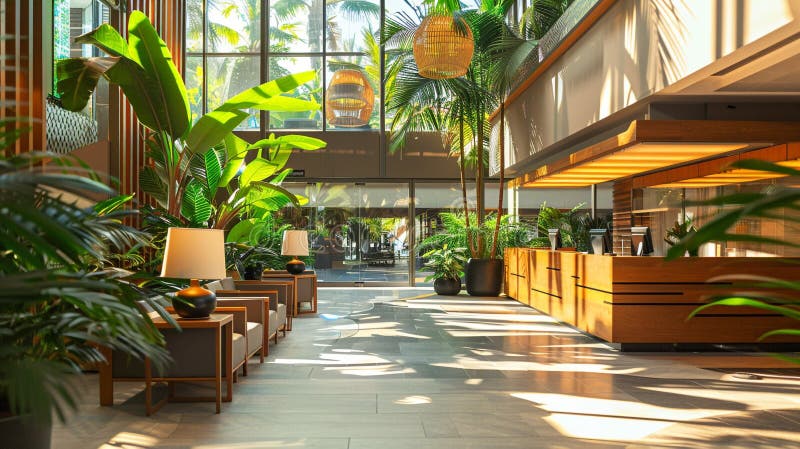 Hotel Reception Area Featuring a Glass Atrium with Tropical Plants and ...