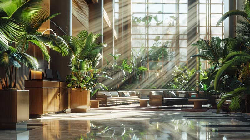 Hotel Reception Area Featuring a Glass Atrium with Tropical Plants and ...