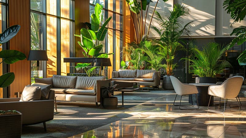 Hotel Reception Area Featuring a Glass Atrium with Tropical Plants and ...