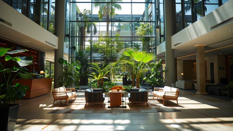 Hotel Reception Area Featuring a Glass Atrium with Tropical Plants and ...