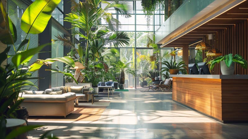 Hotel Reception Area Featuring a Glass Atrium with Tropical Plants and ...