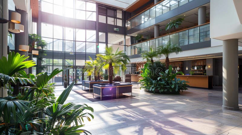 Hotel Reception Area Featuring Glass Atrium with Tropical Plants and ...