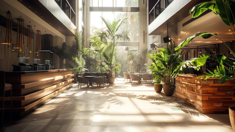 Hotel Reception Area Featuring Glass Atrium with Tropical Plants and ...