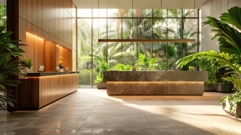 Hotel Reception Area Featuring a Glass Atrium with Tropical Plants and ...