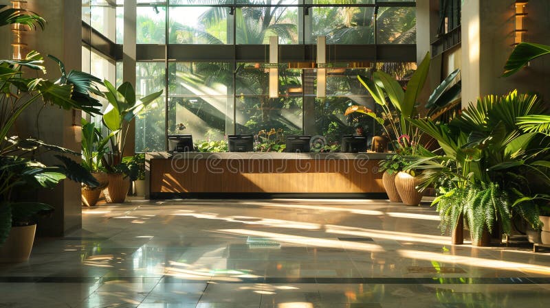 Hotel Reception Area Featuring a Glass Atrium with Tropical Plants and ...