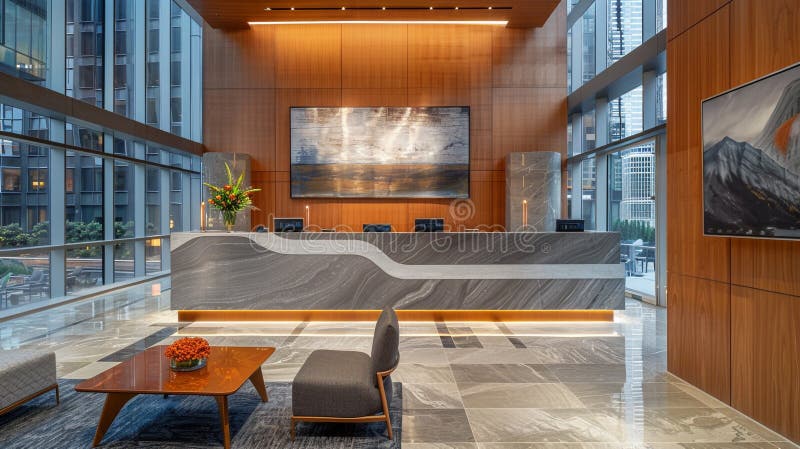 Hotel Reception Area Featuring a Glass Atrium with Tropical Plants and ...