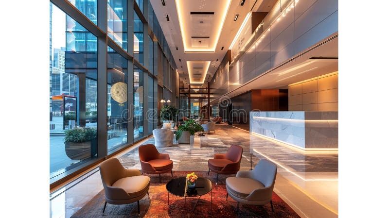 Hotel Reception Area Featuring a Glass Atrium with Tropical Plants and ...