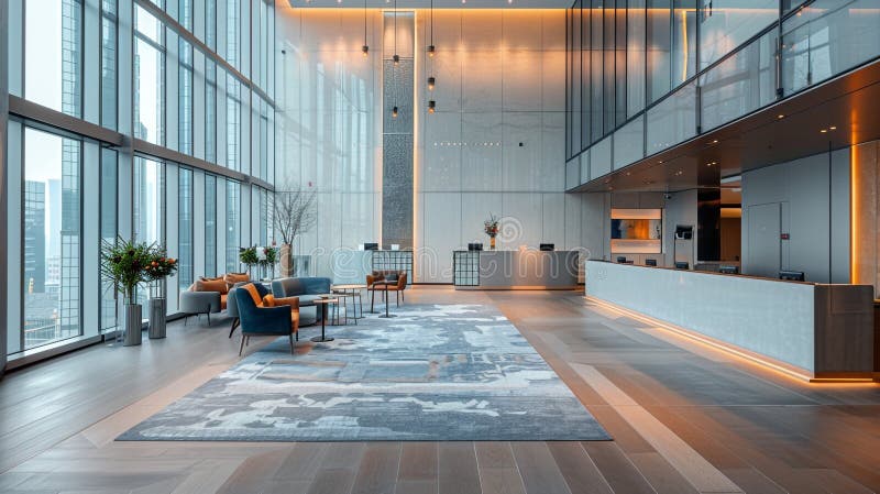 Hotel Reception Area Featuring a Glass Atrium with Tropical Plants and ...