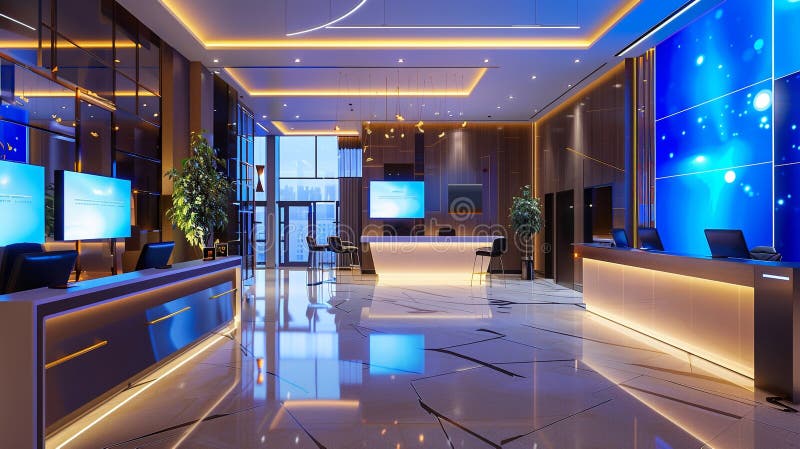 Hotel Reception Area Featuring Interactive Touch Screens and Minimalist ...