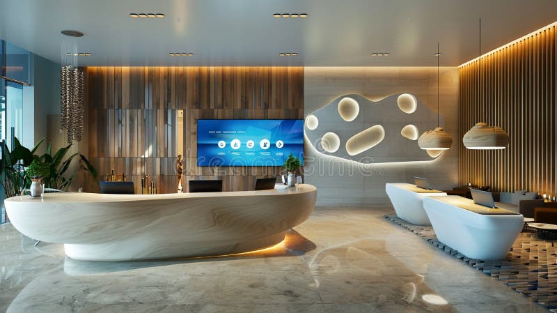 Hotel Reception Area Featuring Interactive Touch Screens and Minimalist ...
