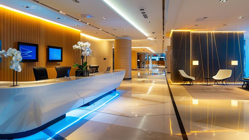 Hotel Reception Area Featuring Interactive Touch Screens and Minimalist ...