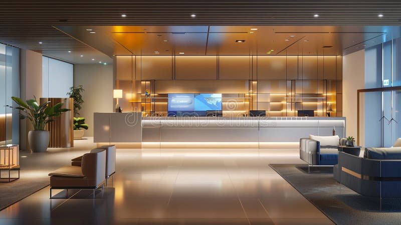 Hotel Reception Area Featuring Interactive Touch Screens and Minimalist ...