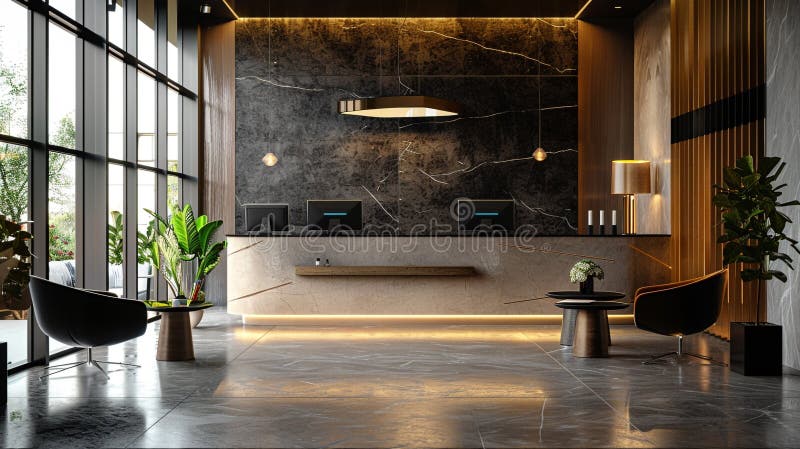 Hotel Reception Area Featuring Interactive Touch Screens and Minimalist ...