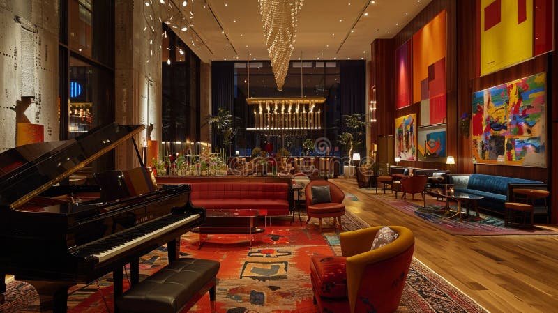 Hotel Reception Area Featuring Live Piano Performance with Plush ...
