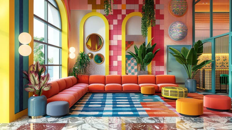 Hotel Reception Area Featuring Vibrant Colors and Geometric Patterns ...