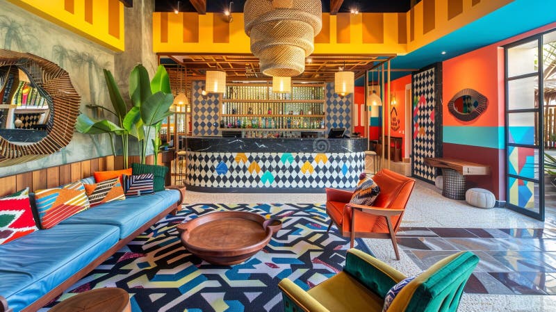 Hotel Reception Area Featuring Vibrant Colors and Geometric Patterns ...