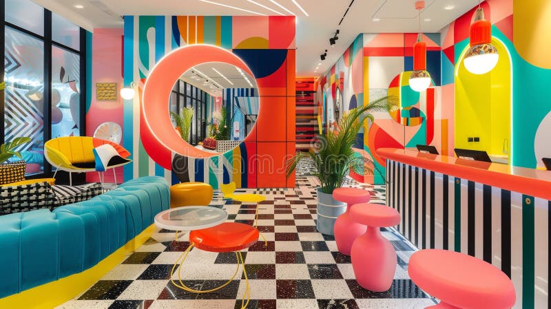 Hotel Reception Area Showcases Vibrant Colors and Geometric Patterns ...