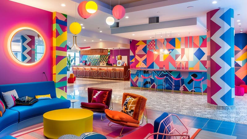 Hotel Reception Area Showcases Vibrant Colors and Geometric Patterns ...