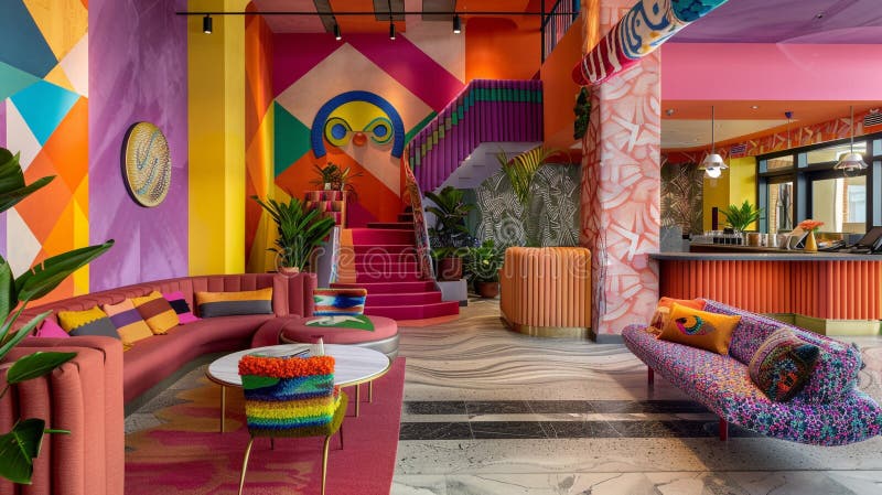 Hotel Reception Area Showcases Vibrant Colors and Geometric Patterns ...