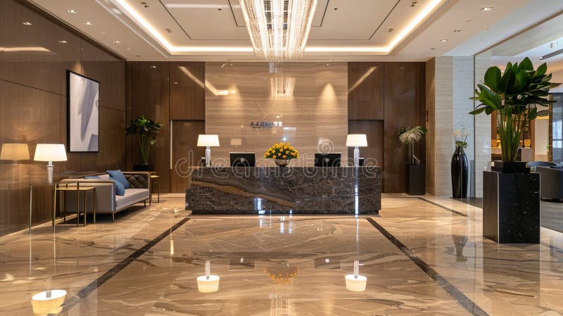 Hotel Reception Area Showcasing Modern Decor and Marble Floors Stock ...