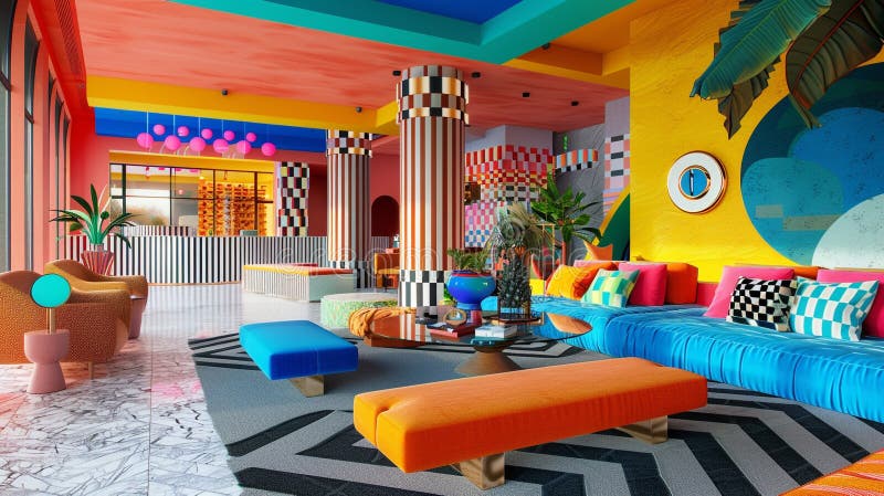 Hotel Reception Area Showcasing Vibrant Colors and Geometric Patterns ...