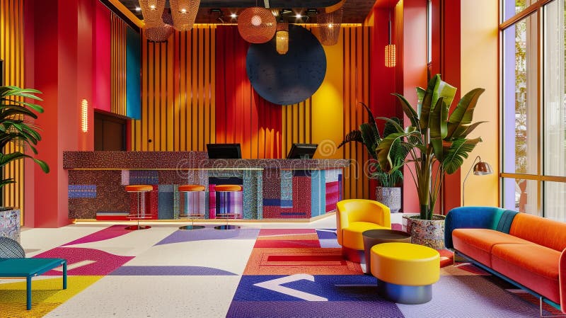 Hotel Reception Area Showcasing Vibrant Colors and Geometric Patterns ...