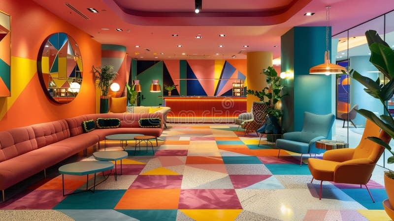 Hotel Reception Area Showcasing Vibrant Colors and Geometric Patterns ...