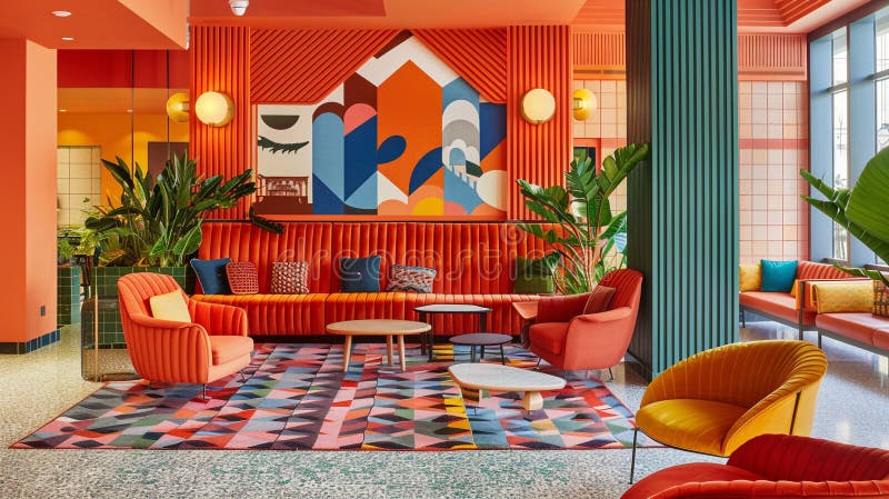 Hotel Reception Area Showcasing Vibrant Colors and Geometric Patterns ...