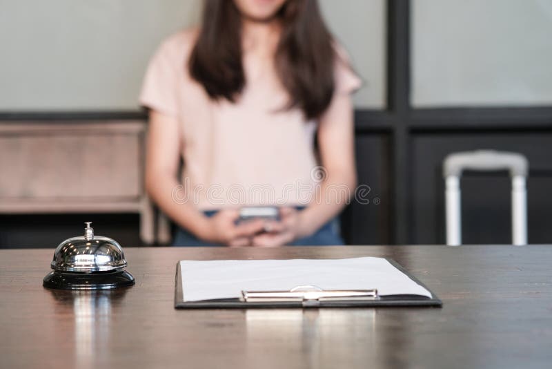Hotel Reception Counter Desk with Service Bell Stock Image - Image of ...