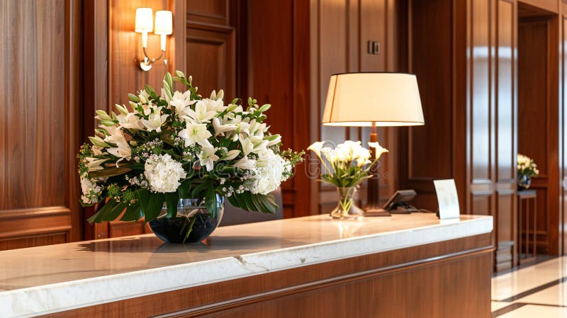 Hotel Reception Desk with Attentive Staff in a Polished Wood Setting ...