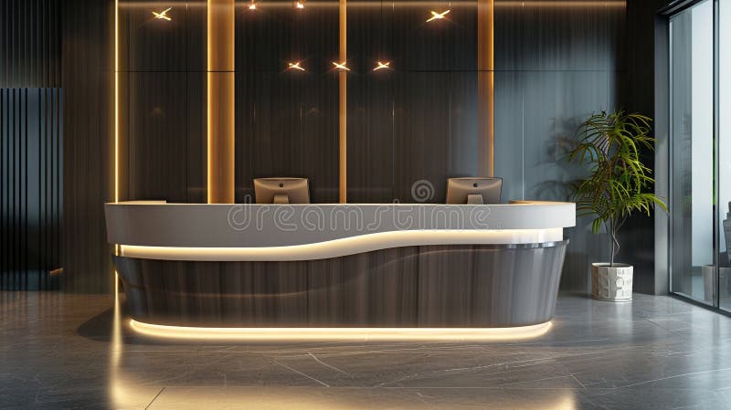 Hotel Reception Desk Features Sleek Design and Digital Displays Stock ...