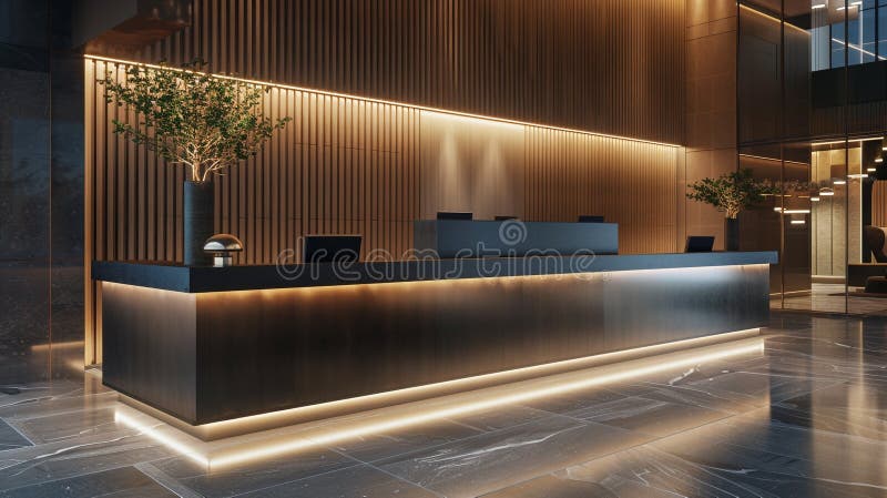 Hotel Reception Desk Features Sleek Design and LED Accents Stock ...