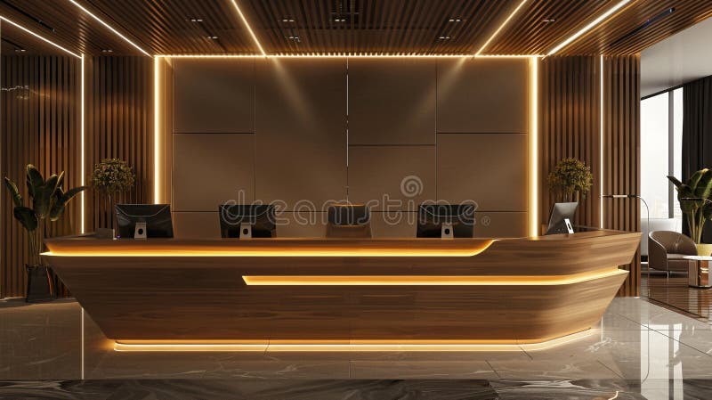 Hotel Reception Desk with LED Accents and Digital Displays Stock ...