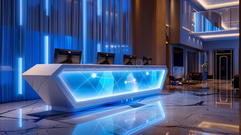 Hotel Reception Desk Showcasing Modern Design and Technology Stock ...