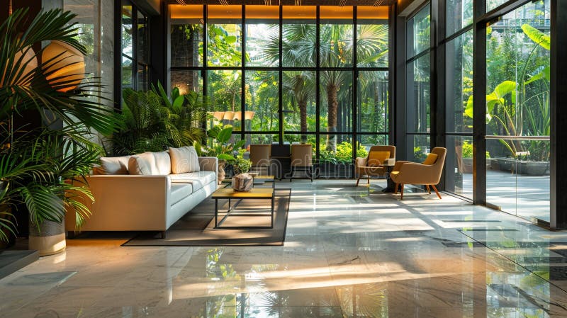 Hotel Reception Features Glass Atrium and Tropical Plants Stock ...