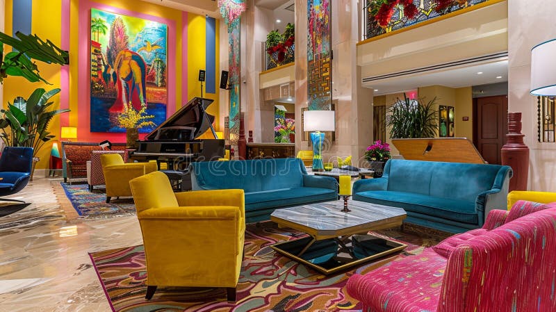 Hotel Reception Features Live Piano Performance and Plush Seating Stock ...
