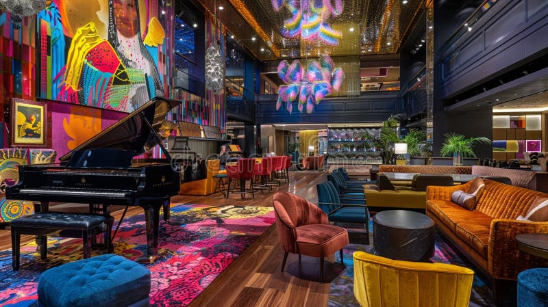 Hotel Reception Features Live Piano Performance with Plush Seating and ...