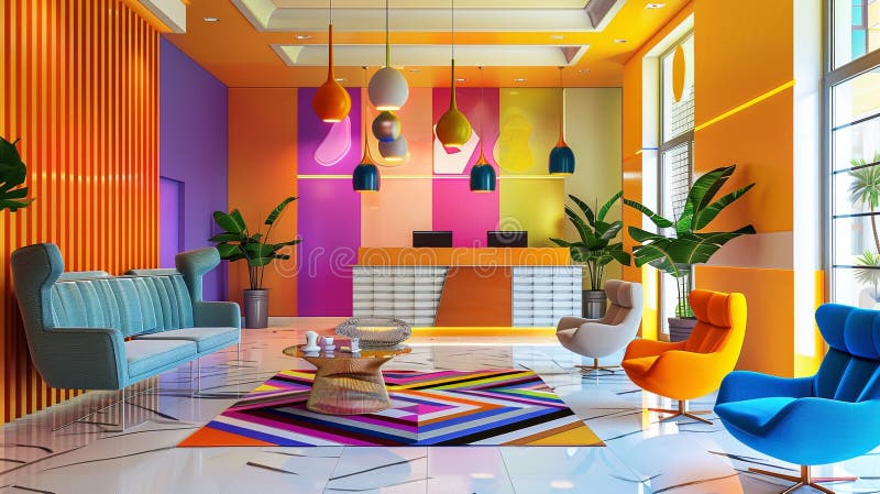 Hotel Reception Features Vibrant Colors and Geometric Patterns Stock ...