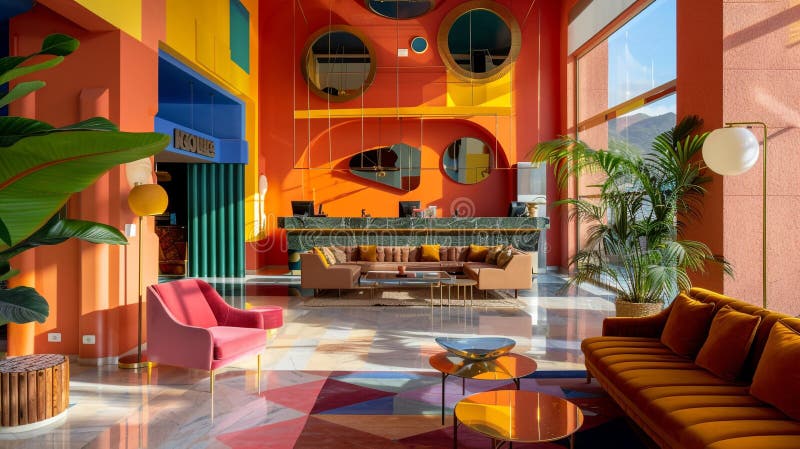 Hotel Reception Features Vibrant Colors and Geometric Patterns Stock ...
