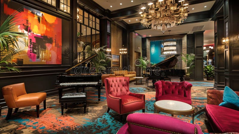 Hotel Reception Featuring Live Piano Performance and Artistic Decor ...