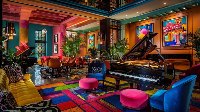 Hotel Reception Featuring Live Piano Performance and Plush Seating ...