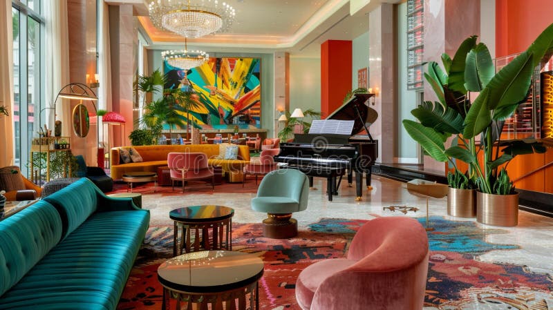 Hotel Reception Featuring Live Piano Performance with Plush Seating and ...