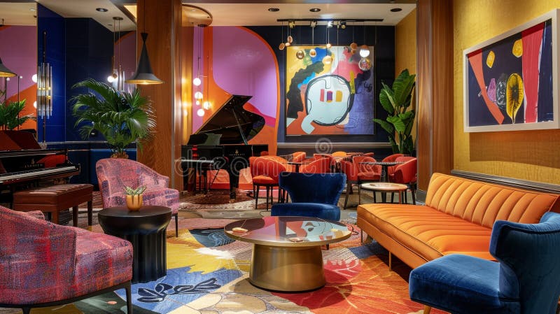 Hotel Reception Featuring Live Piano Performance with Plush Seating and ...