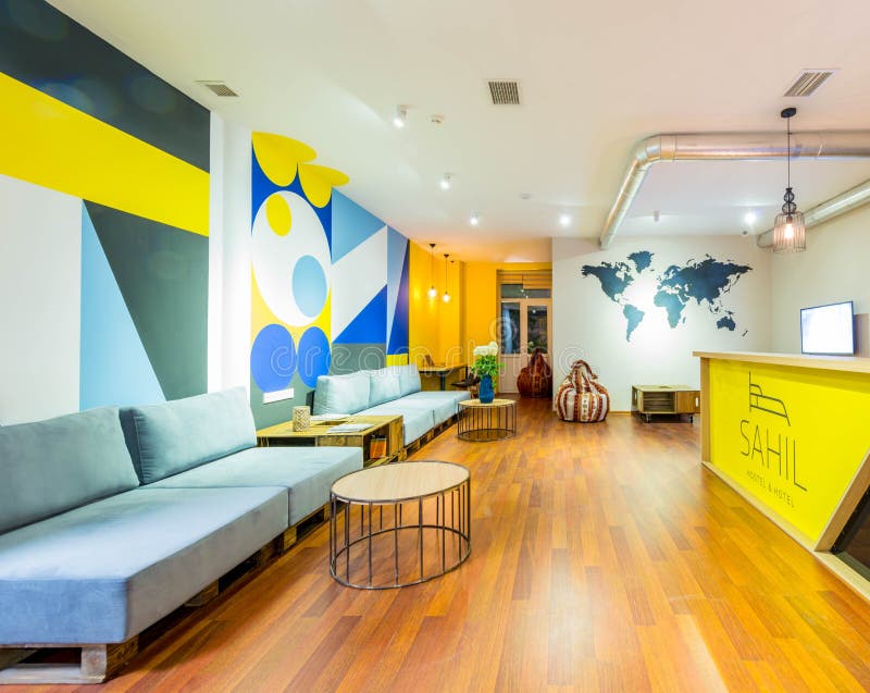 The Hotel Reception with Desk and Clocks Stock Photo - Image of floor ...