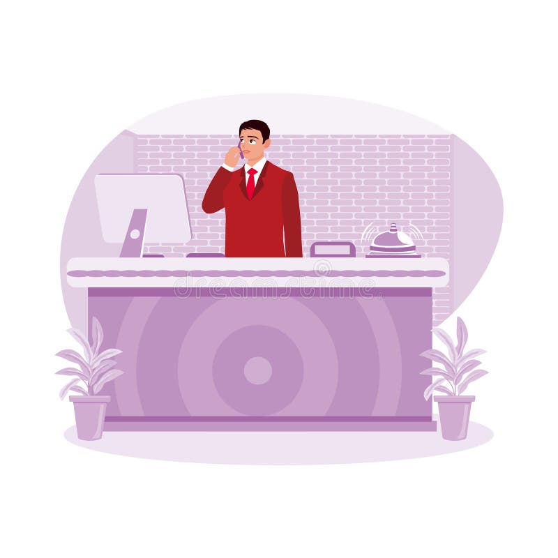 The Hotel Receptionist Receives a Call from a Guest at Work. Hotel ...