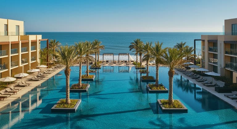 Hotel Resort with a Large, Rectangular Swimming Pool Lined with Palm ...