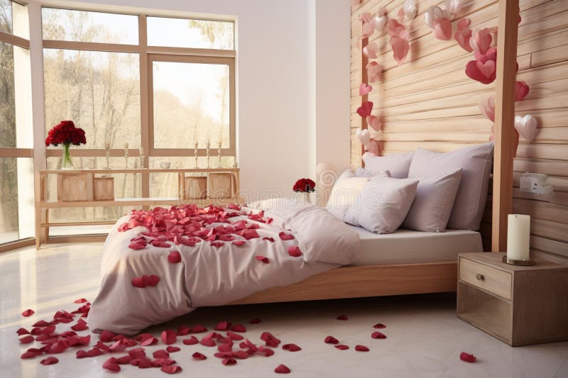 Hotel Romance Bed Adorned with Rose Petals Creating a Romantic Setting ...