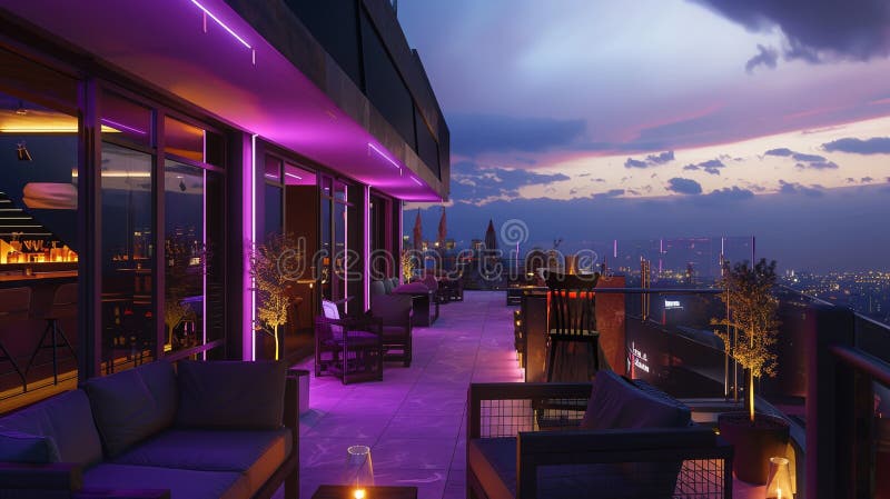 Hotel Rooftop Bar Showcasing Panoramic Views of the City at Night Stock ...