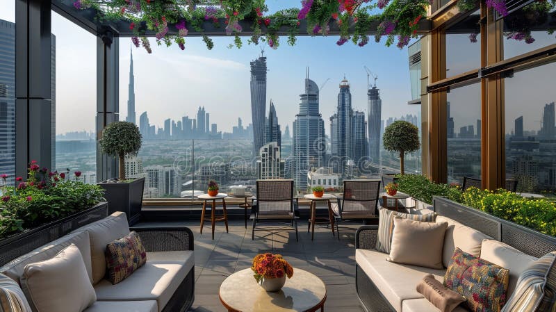 Hotel Rooftop Terrace Showcasing Panoramic City Views with Stylish ...